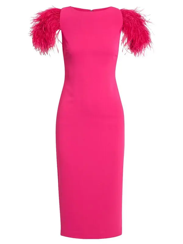 Badgley Mischka Feather Trimmed Crepe Dress - Fuchsia