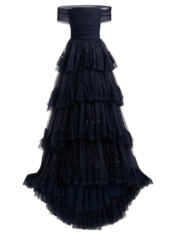 Jenny Packham Off-the-shoulder Tiered Embellished Tulle Gown - Midnight Blue