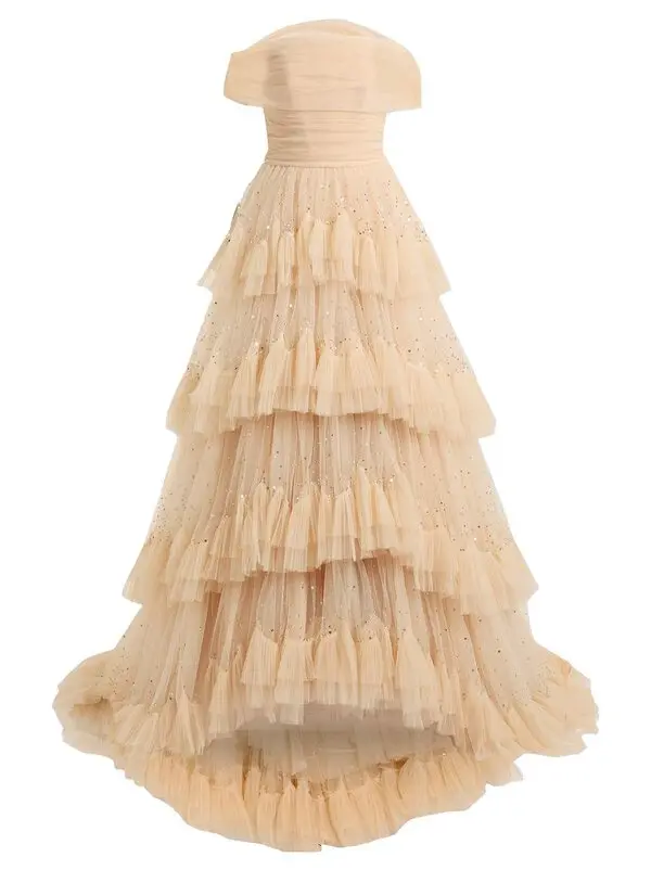 Jenny Packham Off-the-shoulder Tiered Embellished Tulle Gown - Pastel Orange
