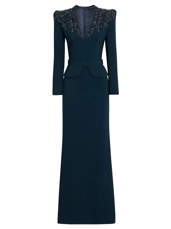 Jenny Packham Night Flowering Embellished Crepe Peplum Gown - Navy