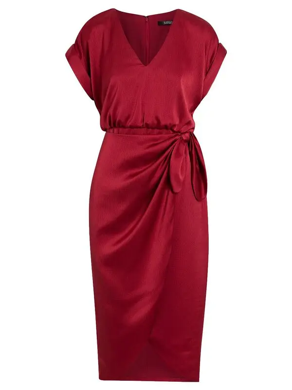 Badgley Mischka Hammered Satin Wrap-effect Midi Dress - Claret