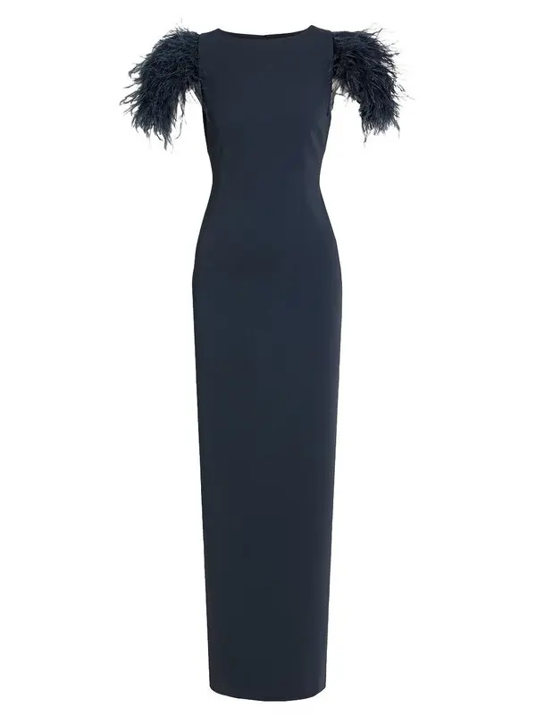 Badgley Mischka Feather-trimmed Crepe Gown - Navy