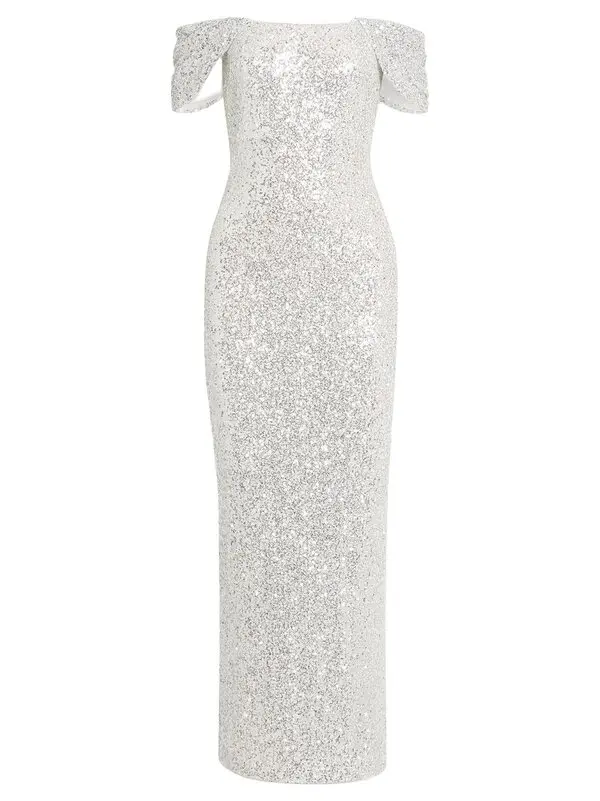 Badgley Mischka Off-the-shoulder Sequin Embellished Mesh Gown - Silver