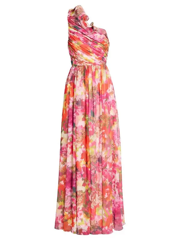 Badgley Mischka One-shoulder Floral Chiffon Maxi Dress - Pink