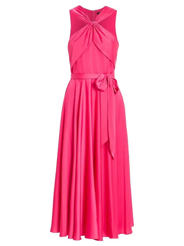Badgley Mischka Twisted Hammered Satin Midi Dress - Fuchsia