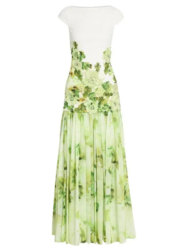 Badgley Mischka Floral Appliquéd Printed Crepe And Chiffon Gown - Lime Green