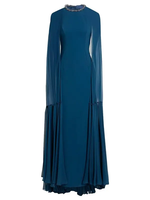 Jenny Packham Cape Effect Beaded Crepe And Chiffon Gown - Navy