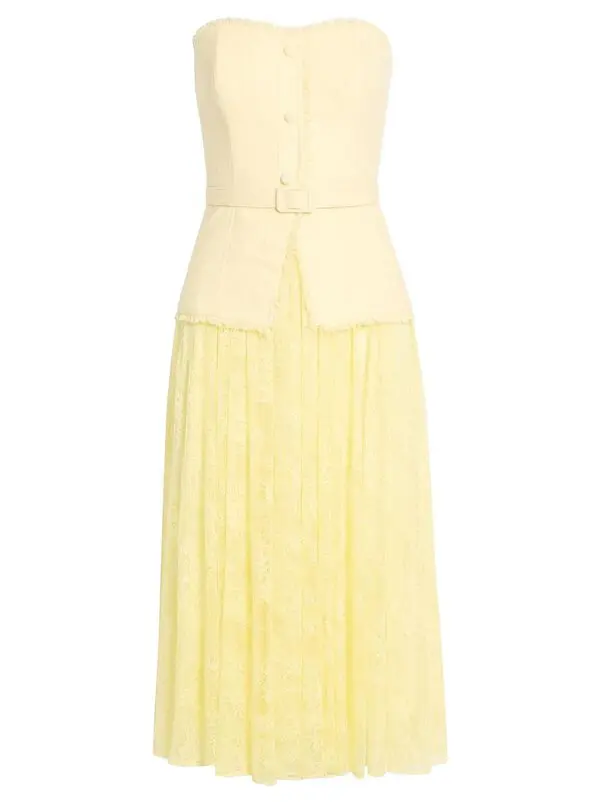 Badgley Mischka Strapless Tweed And Lace Midi Dress - Pastel Yellow