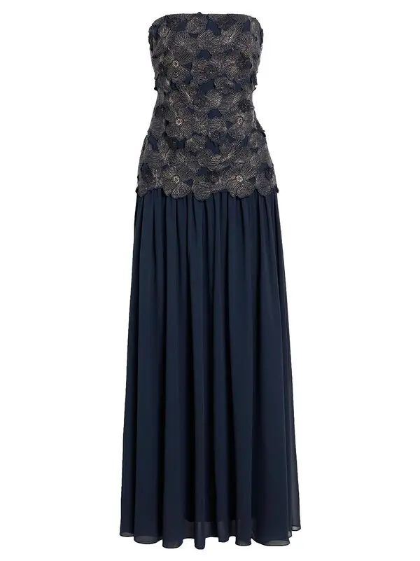 Badgley Mischka Strapless Metallic Guipure Lace And Chiffon Gown - Navy