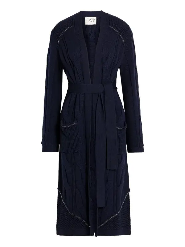 TWP Chain-embellished Cable-knit Merino Wool Cardigan - Midnight Blue