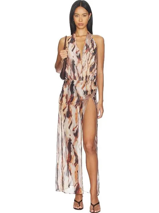 Superdown Halterneck Maxi Dress With Side Slit - Brown Multi