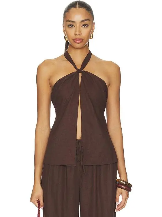 Tularosa Halterneck Linen Top With Front Vent - Chocolate Brown
