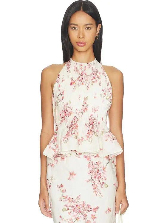 Agua Bendita Halter Neck Peplum Top With Pleated Linen Fabric - Multicolor
