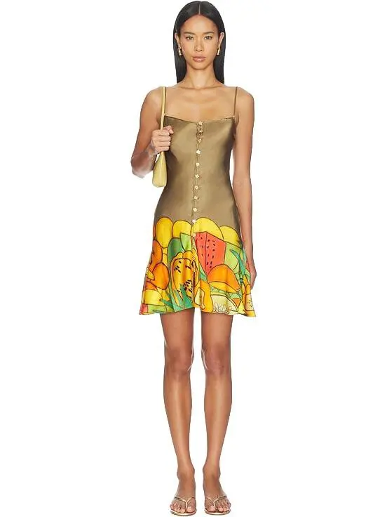 DONDE ESTEBAN Frutas Silk Satin Mini Dress - Gold & Multi