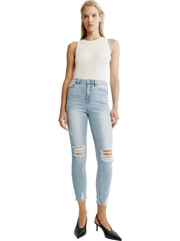 Bardot Khloe High Rise Cropped Slim Leg Jeans - Mid Blue
