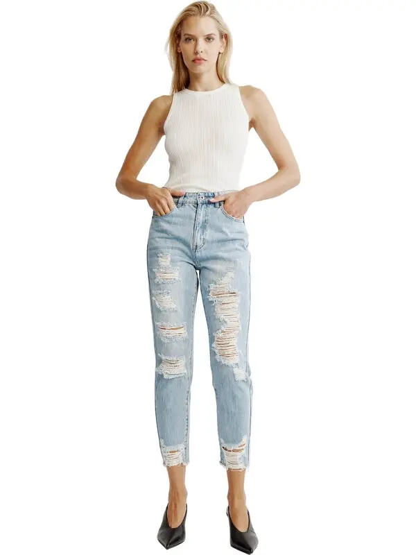 Bardot The Mum Jean Relaxed Fit Cropped Denim With Distressed Detailing - Vintage
