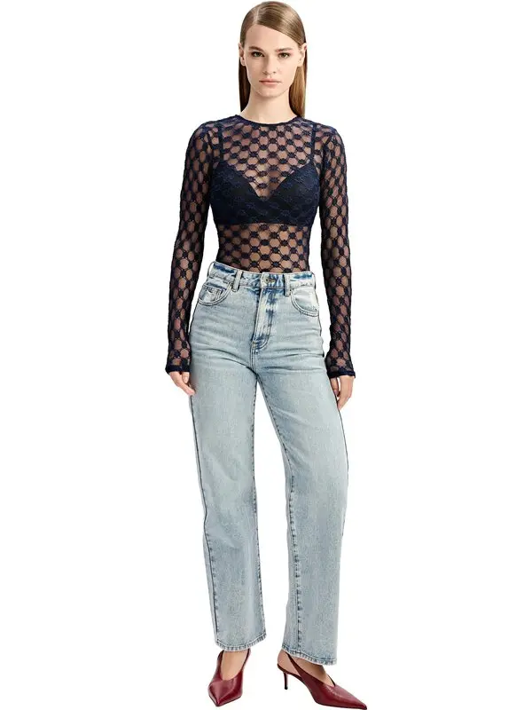 Bardot Adoni Sheer Long Sleeve High Neck Top - Navy