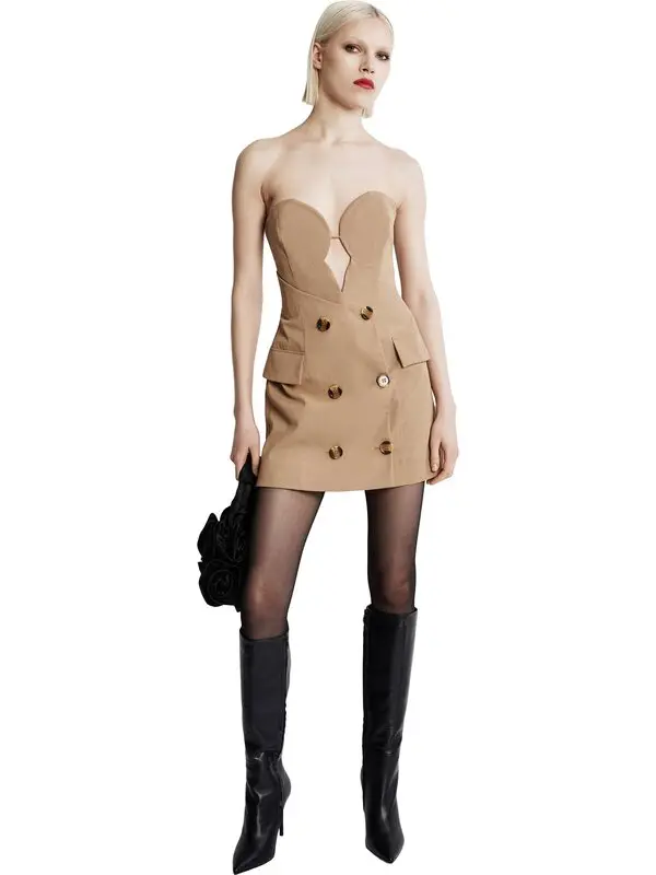 Bardot Lilith Button Front Strapless Mini Dress - Camel