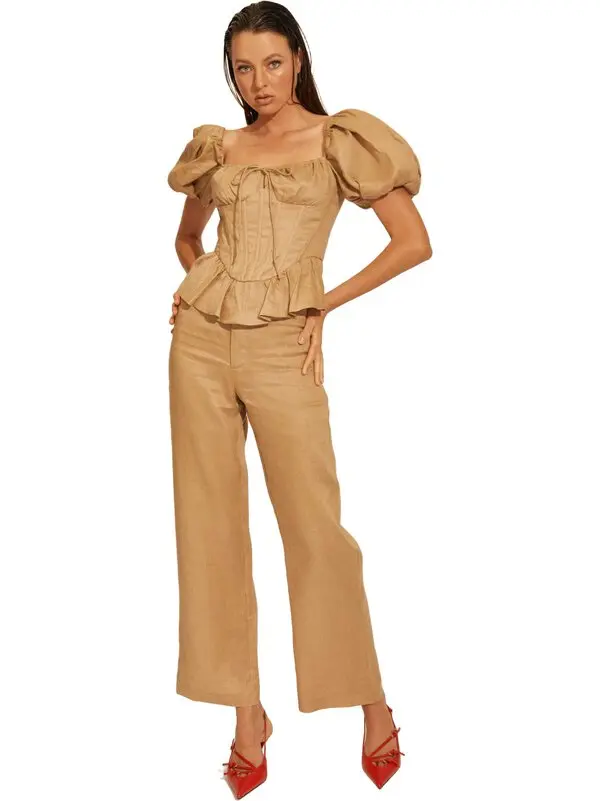 Bardot Esra Puff Sleeve Corset Top - Latte