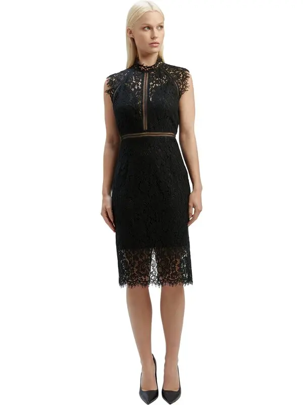 Bardot Lace Panel High Neck Dress - Black