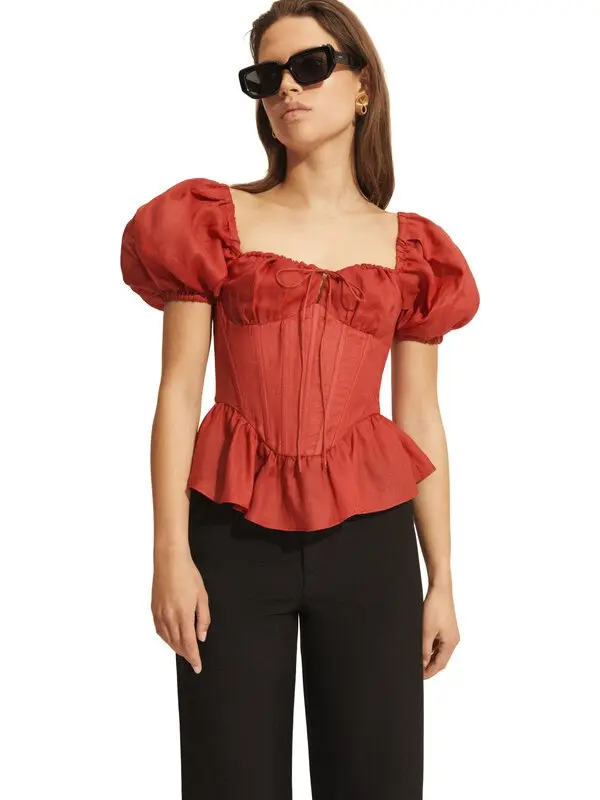 Bardot Esra Puff Sleeve Corset Top - Fire Red