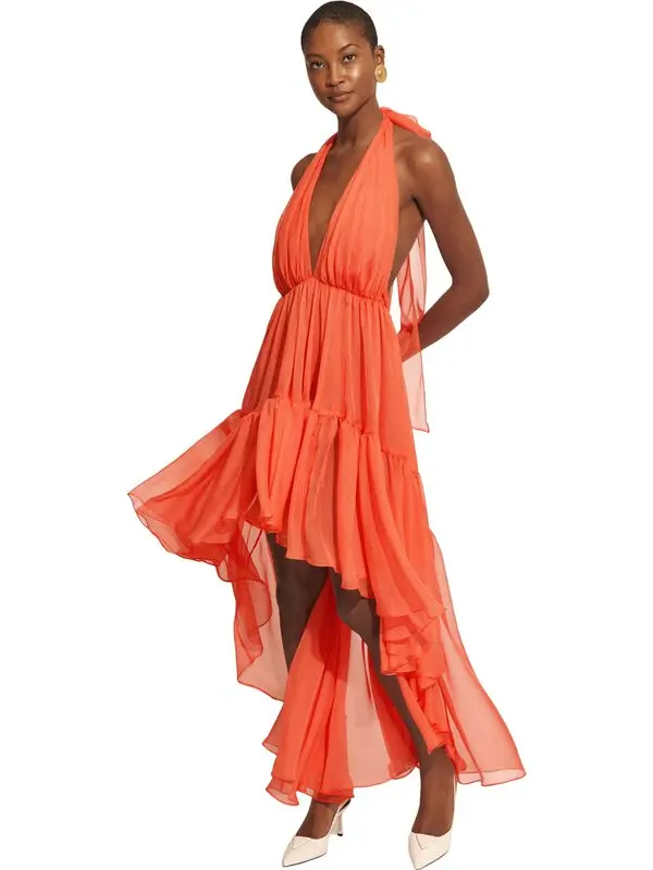 Bardot Leona High Low Ruffle Dress - Fire Red