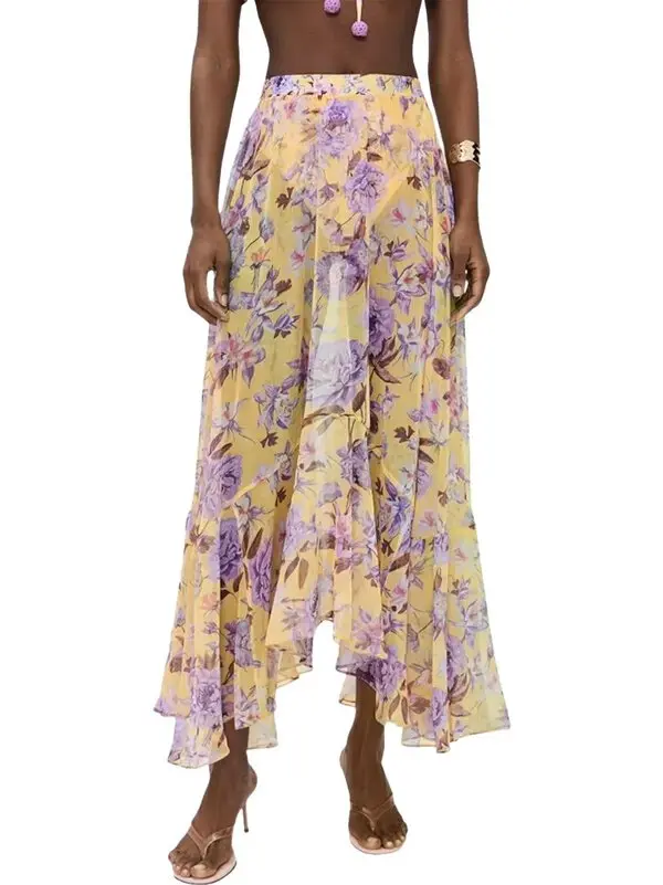 PatBO Floral Print Asymmetric Hem Maxi Skirt - Yellow