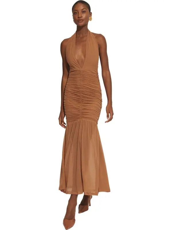 Bardot Sephera Halter Mesh Midi Dress - Chestnut