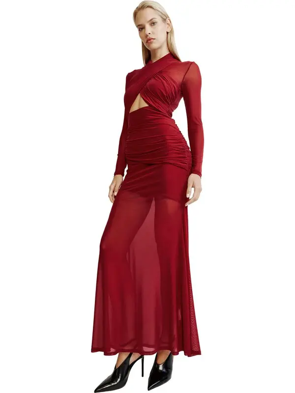 Bardot Veria Wrap Mesh Maxi Dress - Burgundy