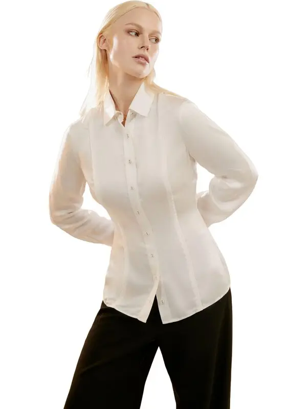 Bardot Fitted Satin Shirt With Piping Detail - Oyster