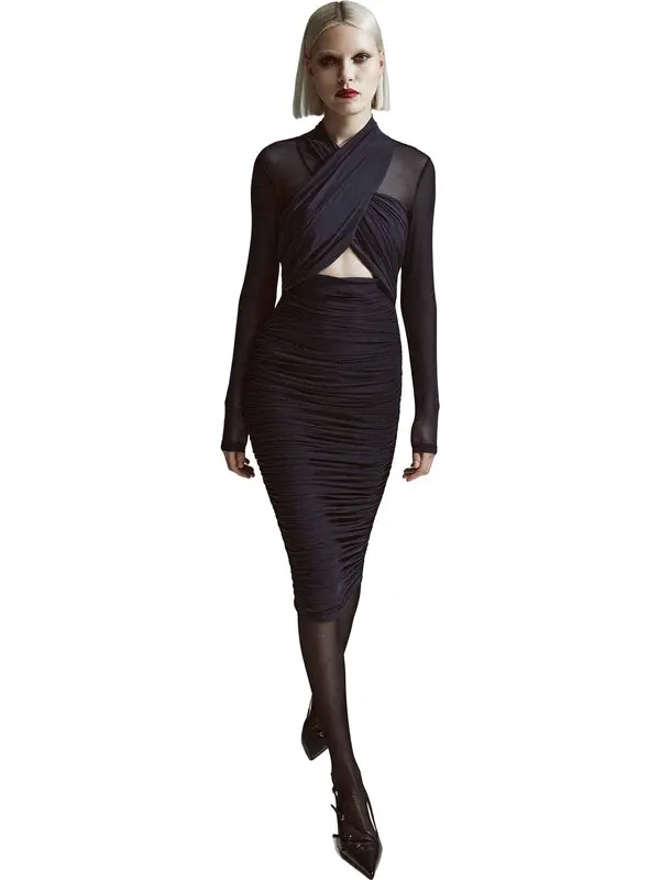 Bardot Aliyah Dress With Halter Bodice And Sheer Sleeves - Navy