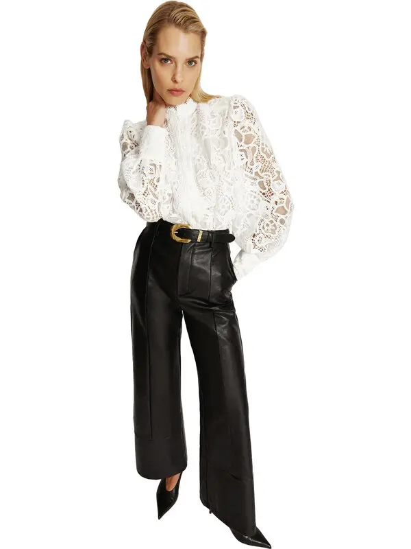 Bardot Remy Lace Bodysuit With Mandarin Collar And Puff Sleeves - Orchid Wht