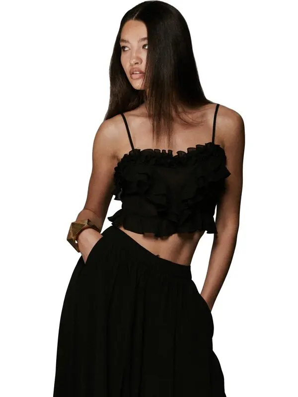 Bardot Alira Frill Detail Crop Top - Black