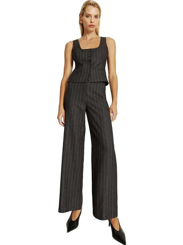Bardot Anna High Waist Pin Stripe Wide Leg Trousers - Grey Strip
