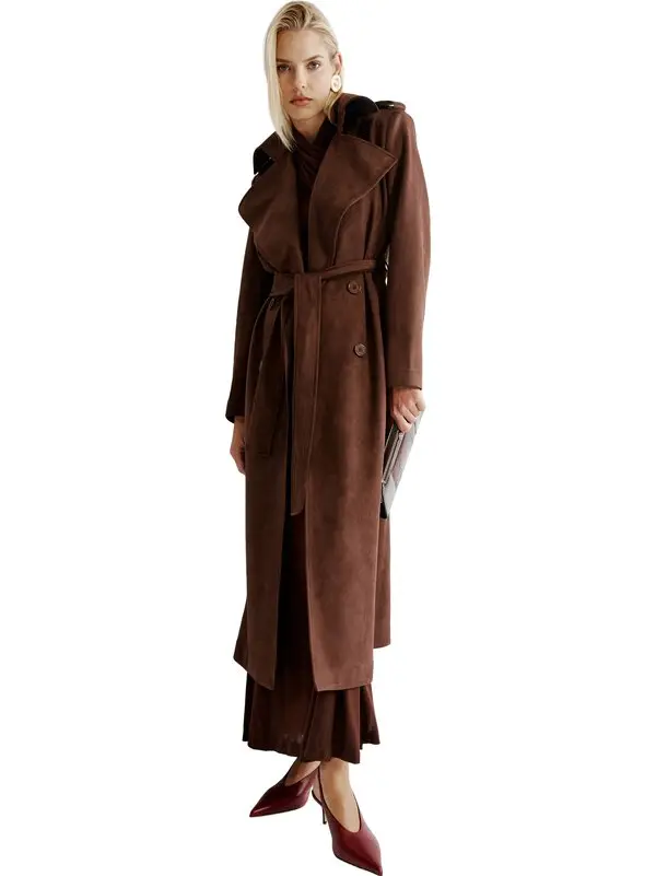 Bardot Kira Vegan Suede Trench Coat With Belted Waist And Notched Lapel - Chocolate