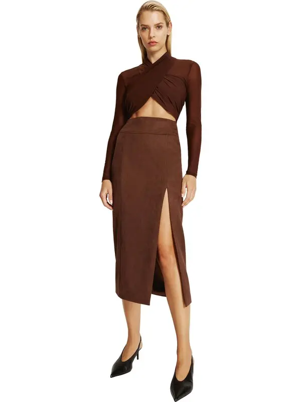 Bardot Aliyah Wrap Bodysuit With Mesh Paneling - Chocolate