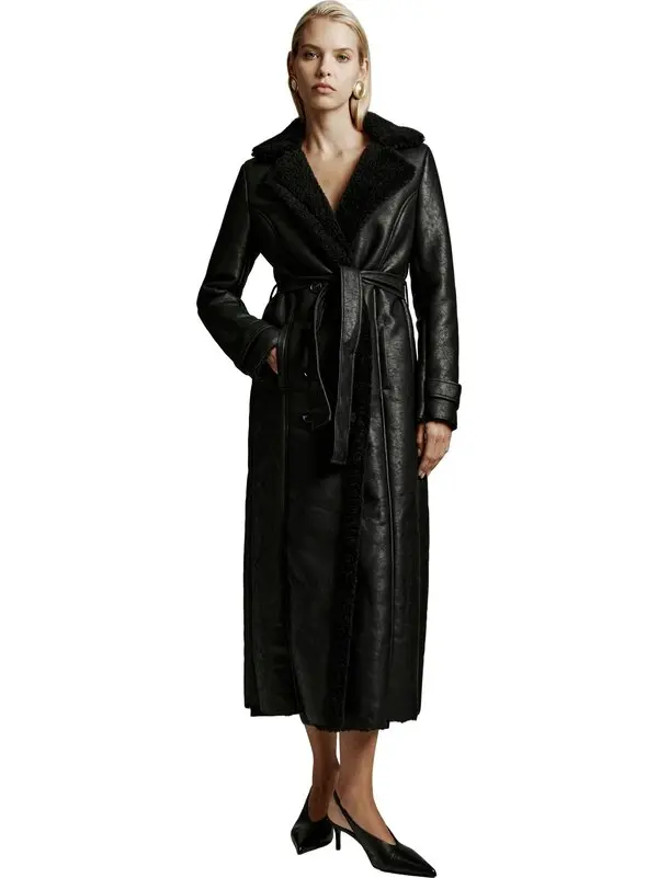 Bardot Vegan Leather Shearling Trench Coat - Black