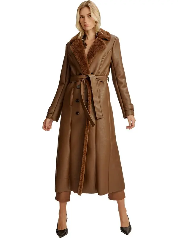 Bardot Vegan Leather Shearling Coat - Chocolate