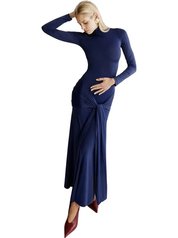 Bardot Alix Maxi Tie Front Dress With High Neckline And Long Sleeves - Navy