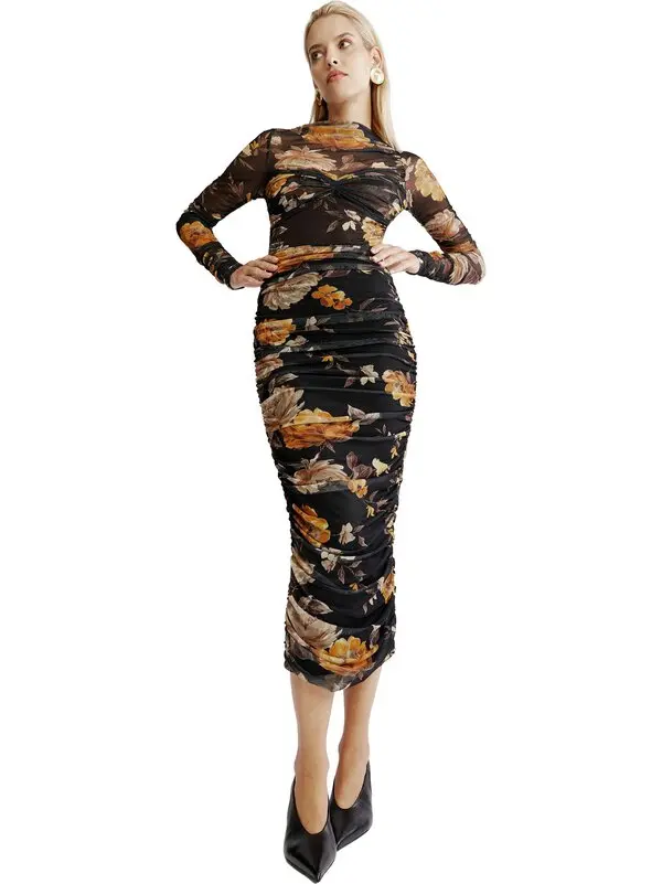 Bardot Althea Mesh Midi Dress With Floral Print - Black Fl