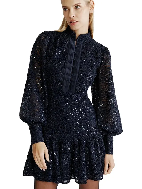 Bardot Remy Lace Mini Dress With Mandarin Collar And Long Sleeves - Navy