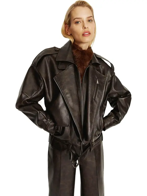 Bardot Kavi Vegan Leather Oversized Jacket - Dark Choco