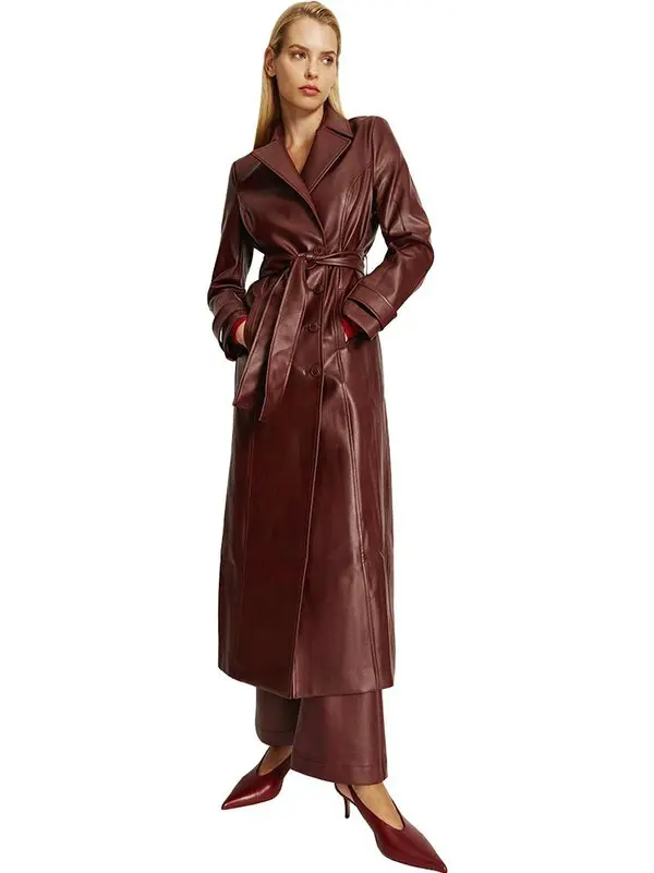 Bardot Vegan Leather Longline Coat - Burgundy