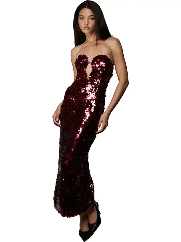 Bardot Braya Strapless Sequin Midi Dress - Famous Red