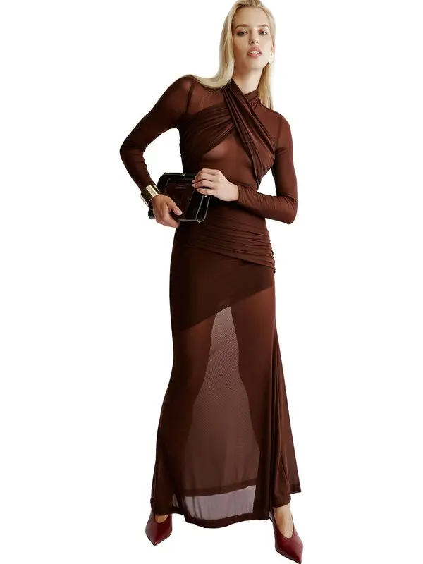 Bardot Marice Wrap Mesh Maxi Dress - Chocolate
