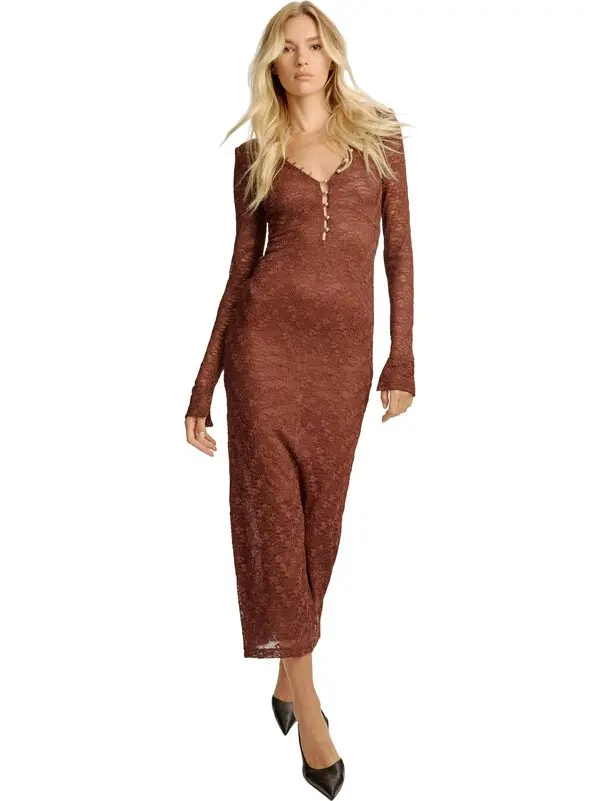 Bardot Zenia Long Sleeve Lace Midi Dress - Chocolate