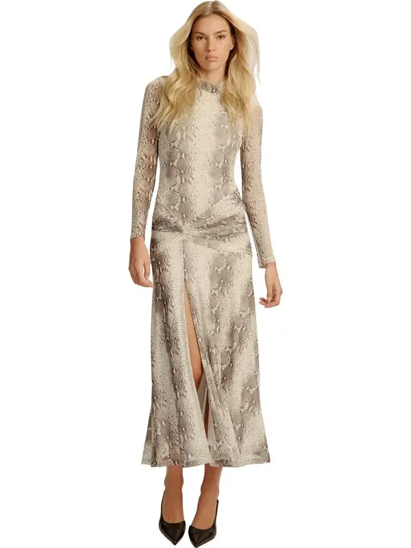 Bardot Lea Printed Mesh Midi Dress With High Neck And Slit - Snake Skin