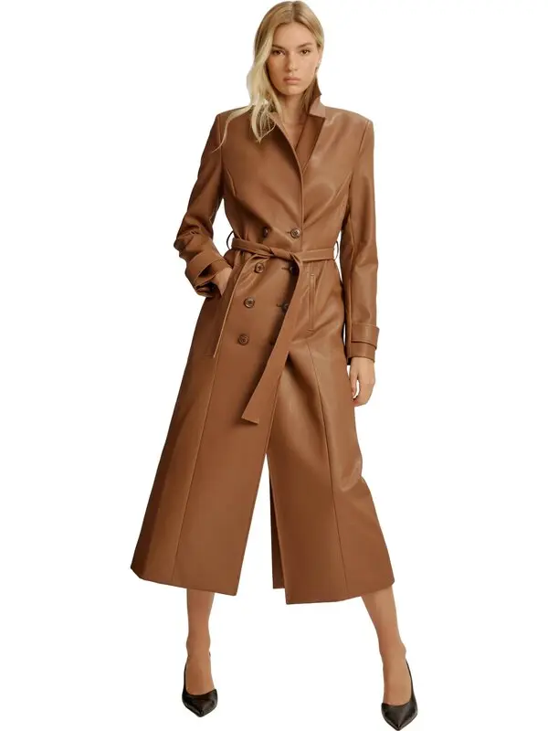 Bardot Vegan Leather Longline Double-breasted Coat - Chestnut