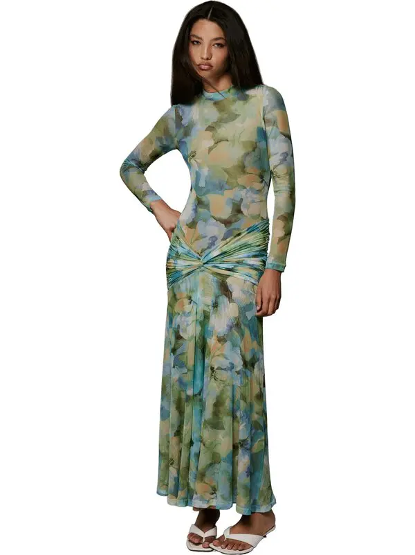 Bardot Lea Floral Mesh Midi Dress - Green Flo