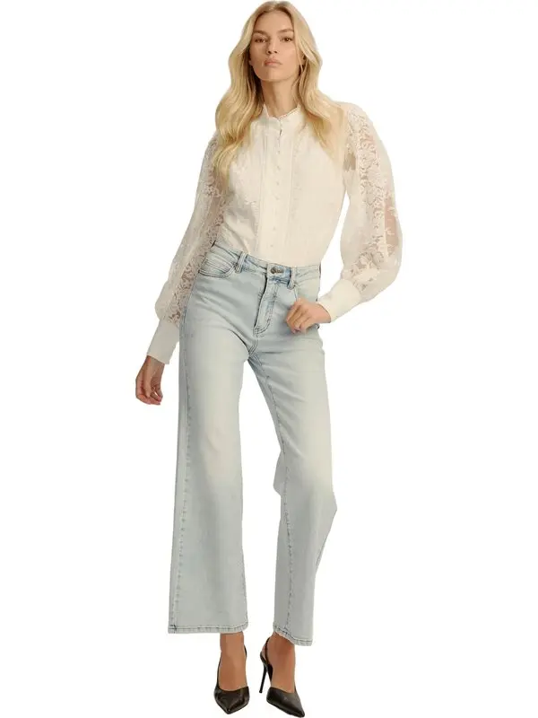 Bardot Olessia Lace Bodysuit With Mandarin Collar And Puff Sleeves - Ivory